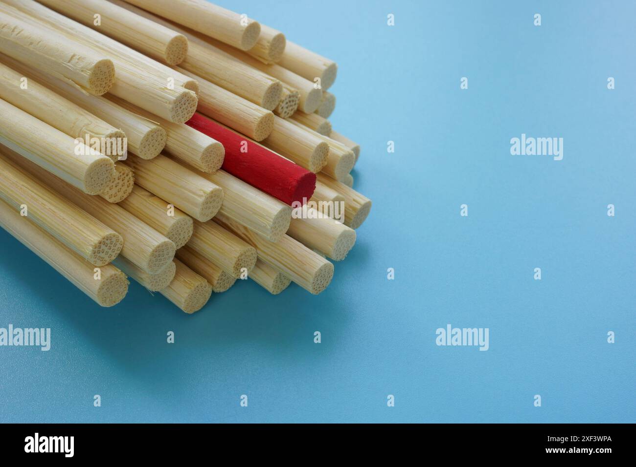 Wooden sticks and one red one as a symbol of uniqueness and difference ...