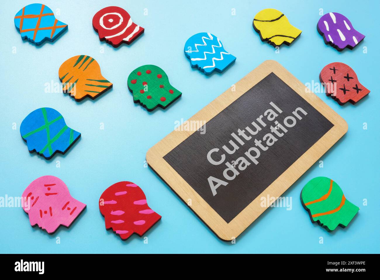 Colorful heads and cultural adaptation sign Stock Photo - Alamy