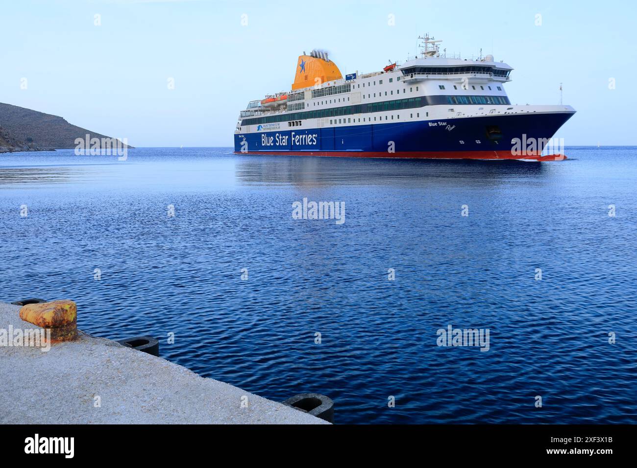 Blue Star Ferries ship The Patmos arriving at Livadia harbour, Tilos ...