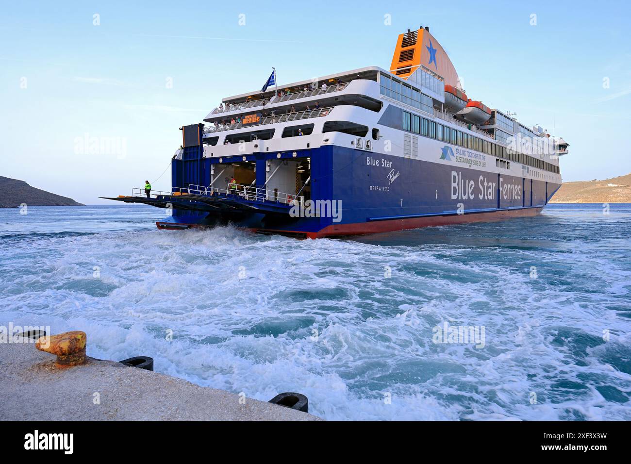 Blue Star Ferries ship The Patmos arriving at Livadia harbour, Tilos ...