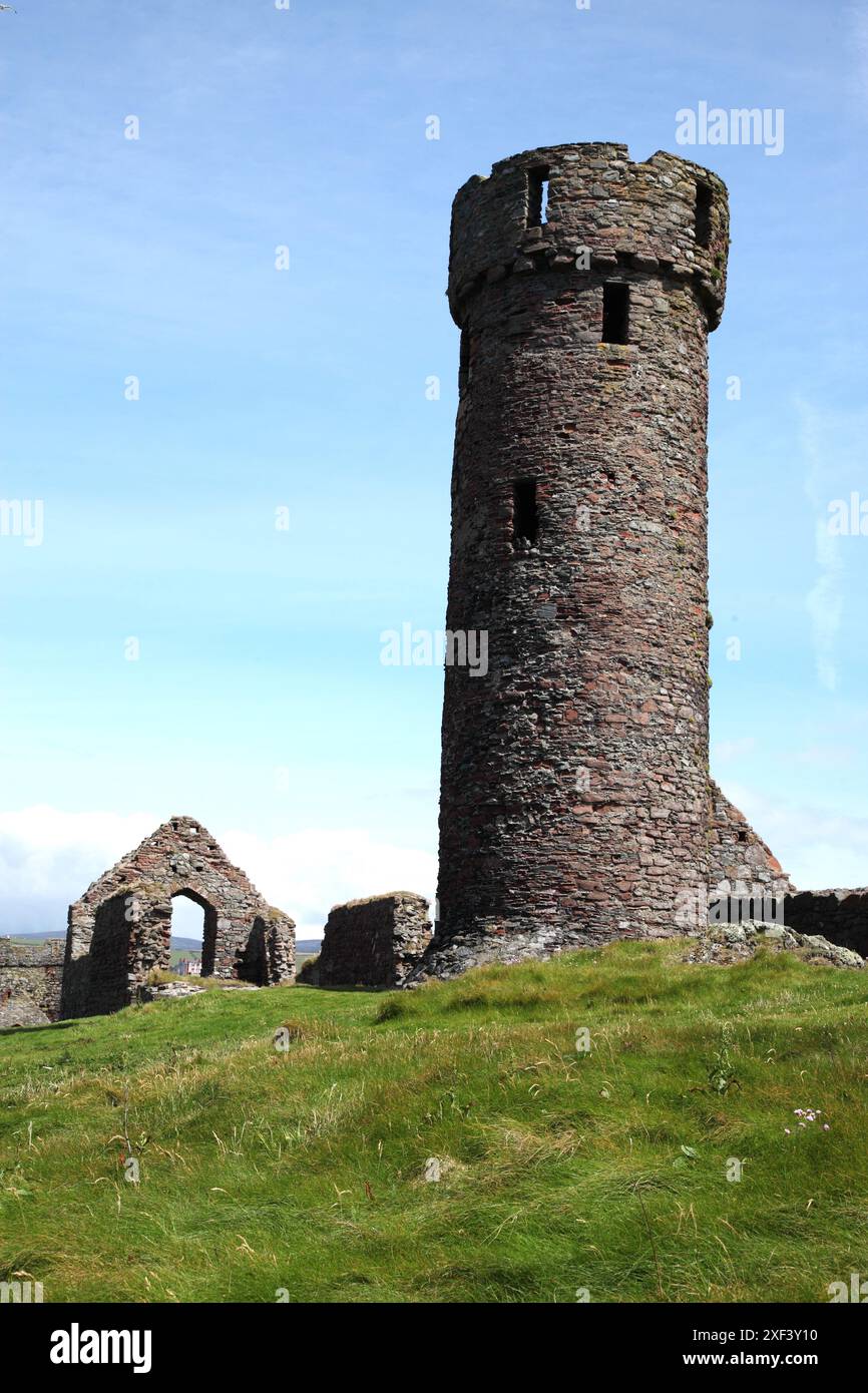 The 11th.Century Round tower and ruins of St.Patrick's Church in Peel Castle at Peel in the Isle ...