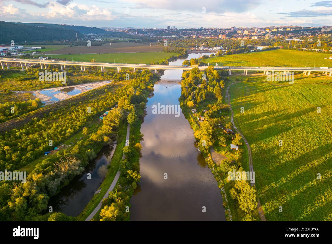 An aerial view of the Lahovice Bridge spanning the Berounka River ...