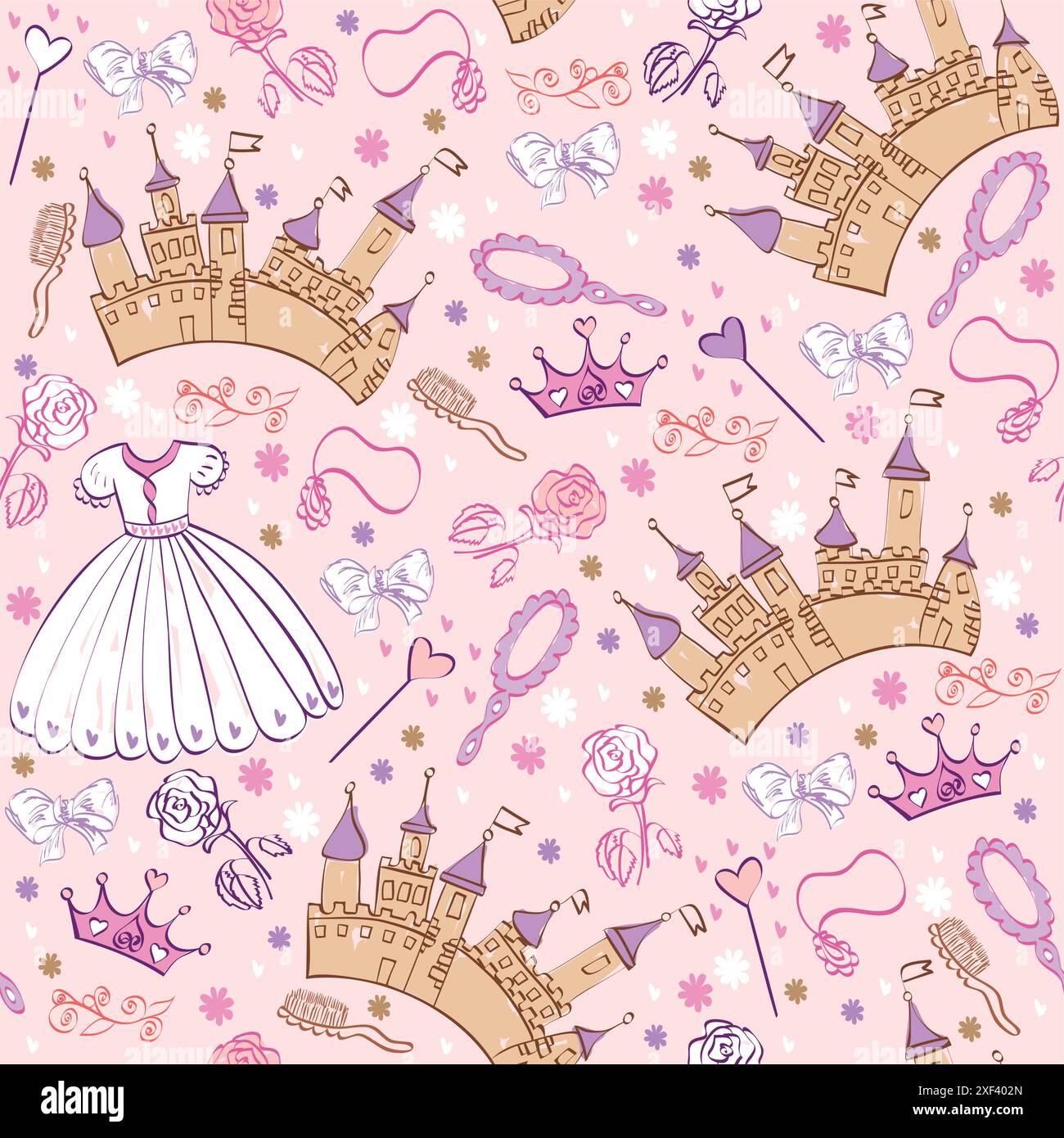 Seamless pattern with princess accessories and castle Stock Vector ...