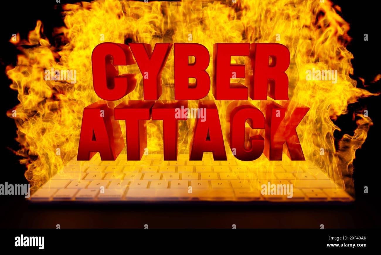 Cyber attack, burning computer keyboard. Cyber attack, burning computer keyboard. Glowing fire ...