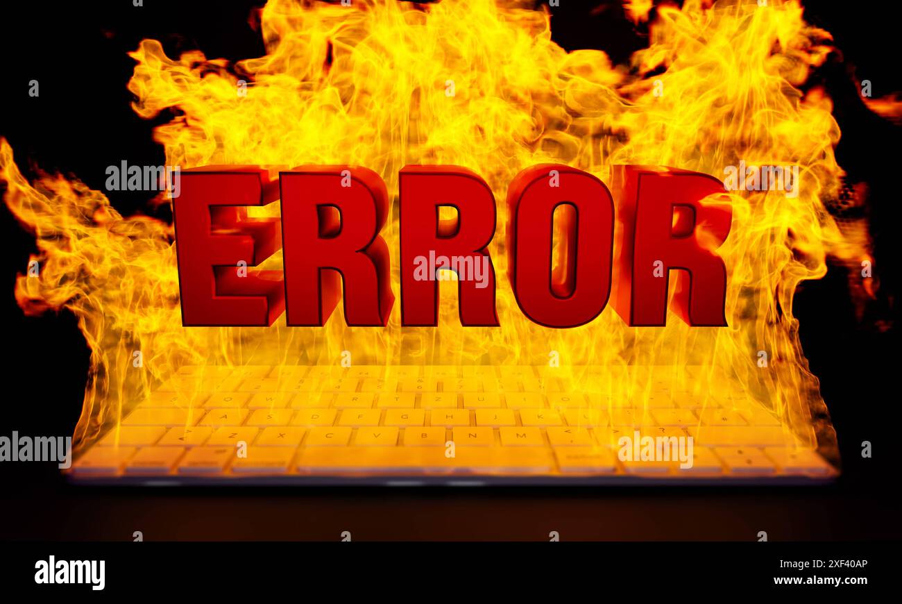 Error, burning computer keyboard. System error in the computer or cloud ...