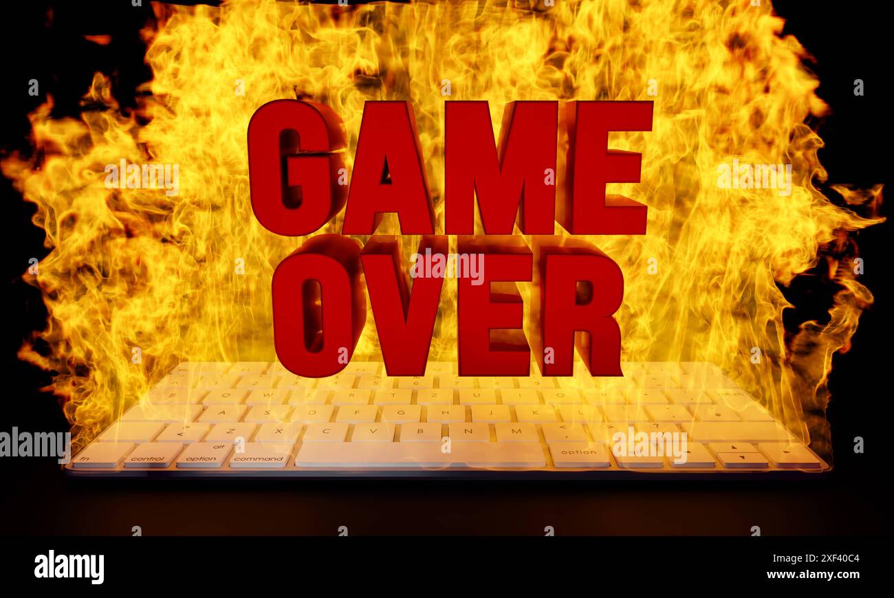 Game Over, burning computer keyboard. Game Over, burning computer ...