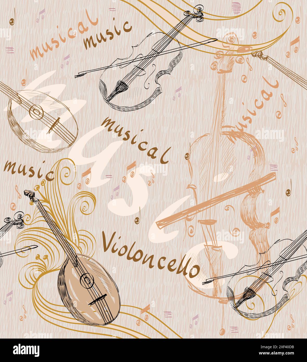 hand drawn seamless pattern of classical musical instruments Stock ...