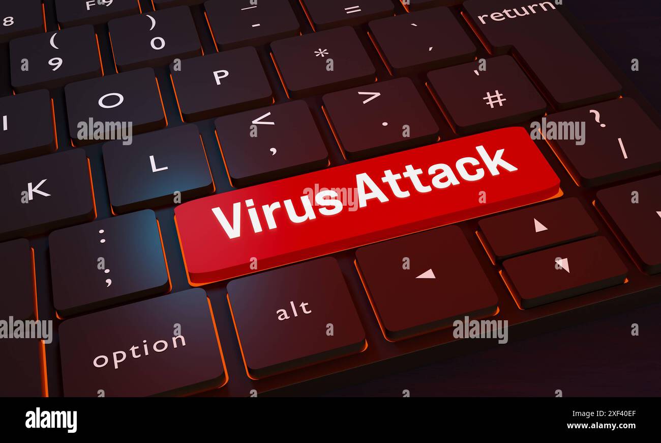 Virus attack key on the keyboard. Virus attack key. Close-up computer ...