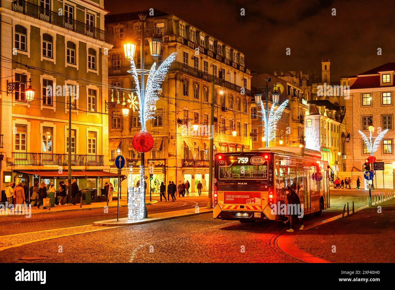 Christmas lights in the downtown district at night, Lisbon, Portugal ...