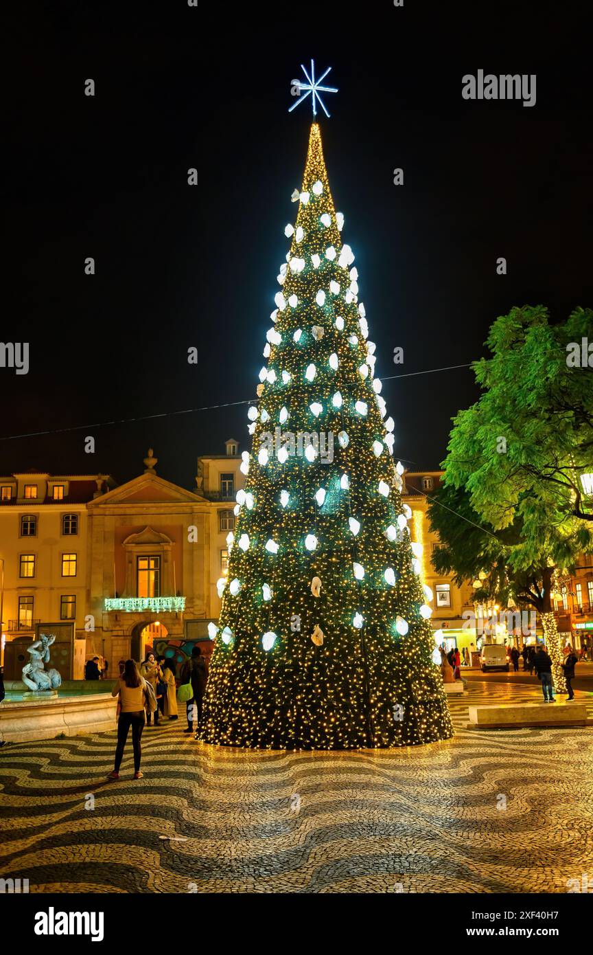 Christmas lights in the downtown district at night, Lisbon, Portugal ...