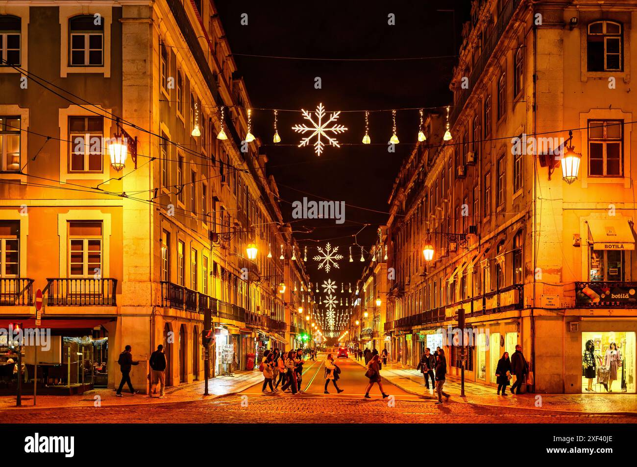 Christmas lights in the downtown district at night, Lisbon, Portugal ...