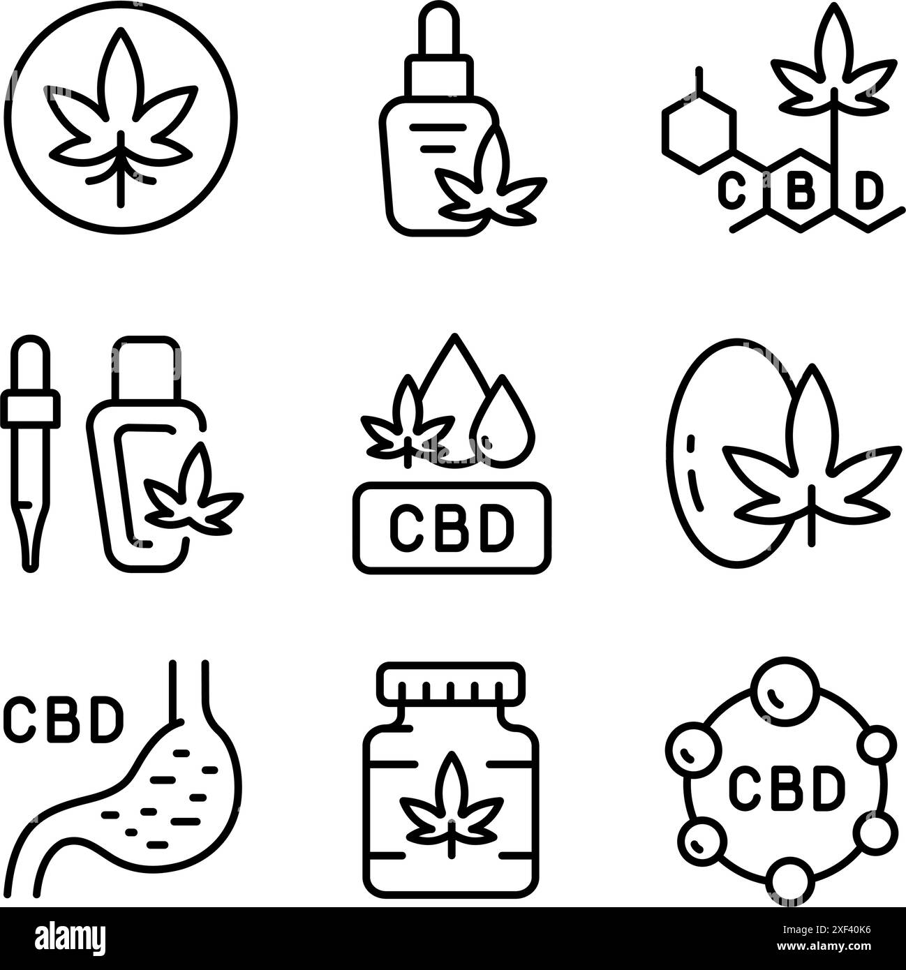 Open hand with marijuana leaf linear icons set. Cannabidiol linear icons collection. Cannabis ...