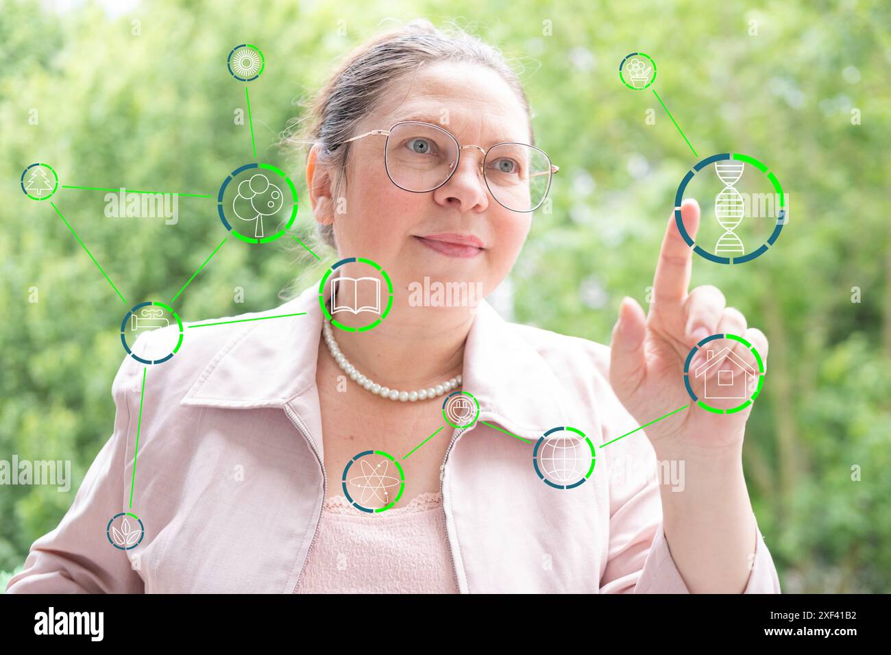 elegant woman advocate planet in pink blazer gestures towards virtual ...