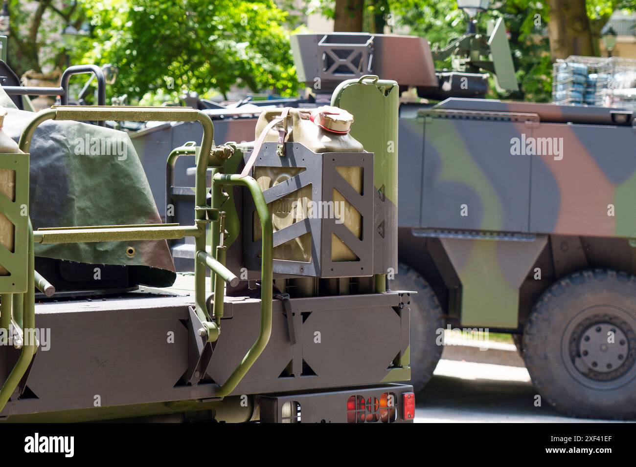 A canister on a military armored vehicle of the warring army. Fuel ...