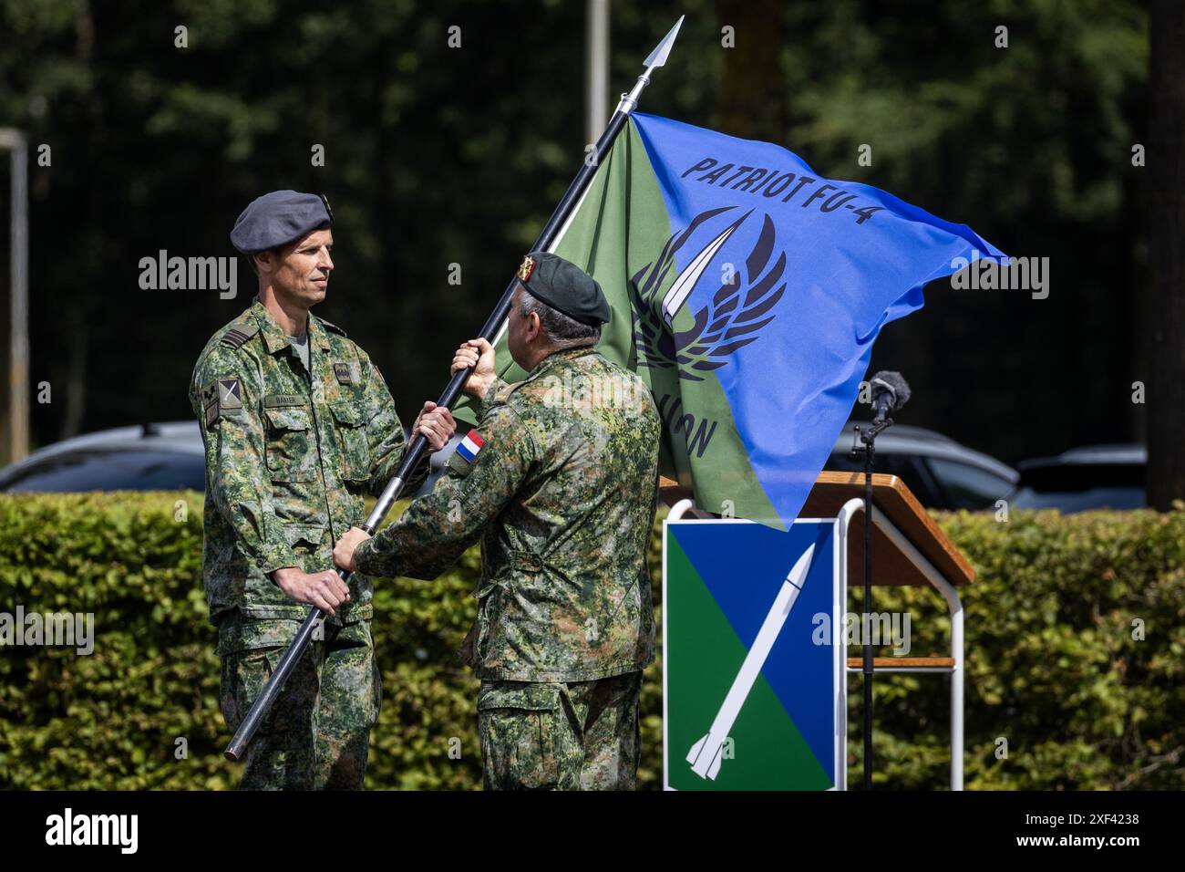 VREDEPEEL - The logo of the new unit on a flag during a founding ...