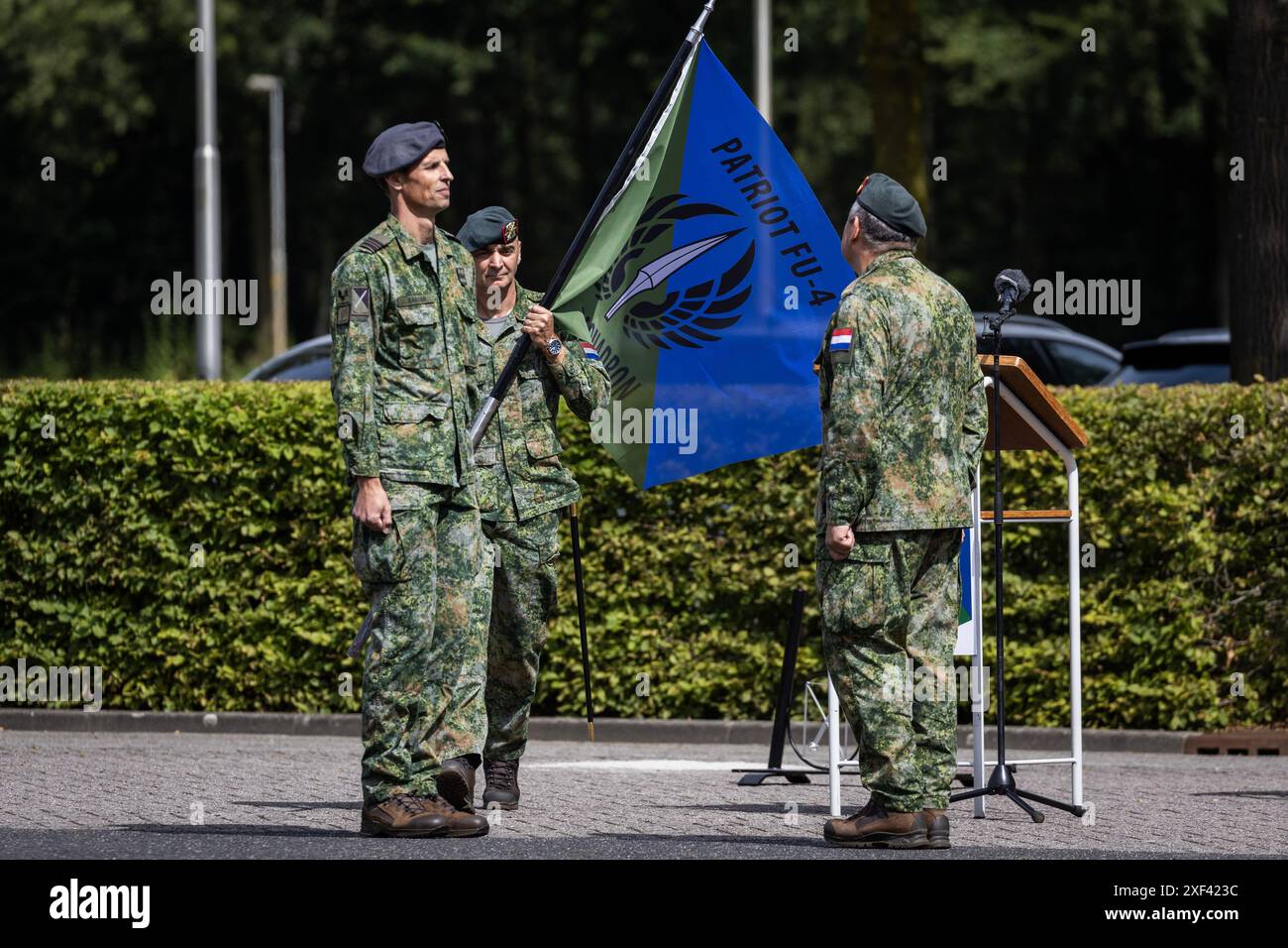 VREDEPEEL - The logo of the new unit on a flag during a founding ...