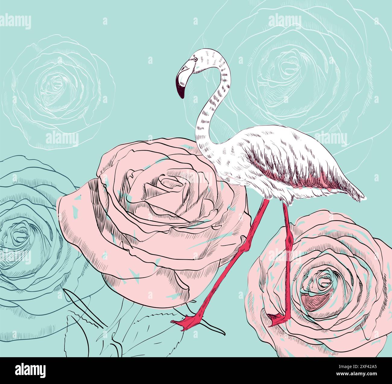 Vector sketch of a flamingo with roses. Hand drawn illustration Stock ...