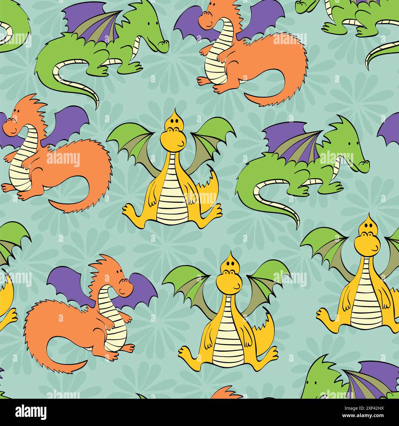 Vector background with flowers and cartoon dragons. Seamless pattern ...