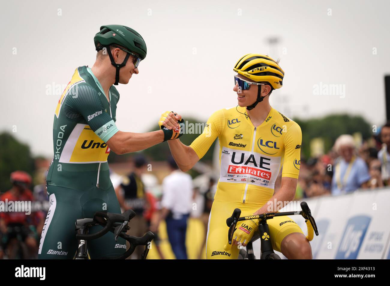 Piacenza, Italia. 01st July, 2024. Jonas Abrahamsen (Uno X Mobility), Tadej Pogacar (UAE ...