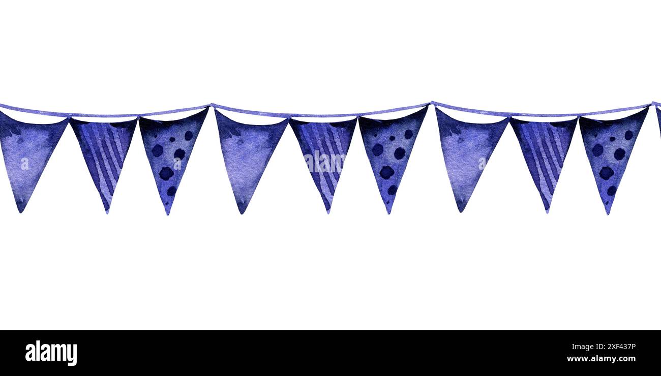 watercolor seamless board with different triangular violet flags, hand ...