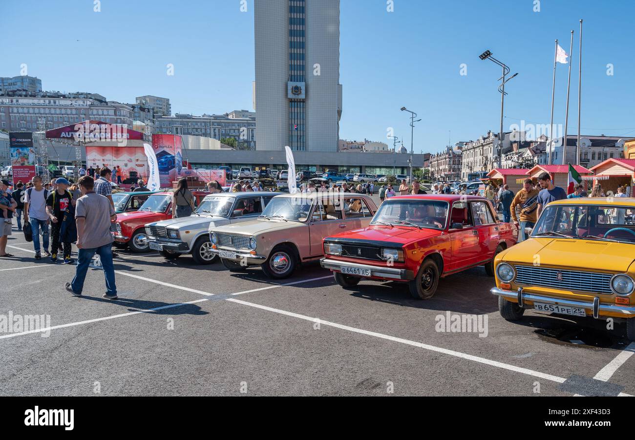 VLADIVOSTOK, RUSSIA - JULY 31, 2021: Exhibition of Soviet retro cars ...