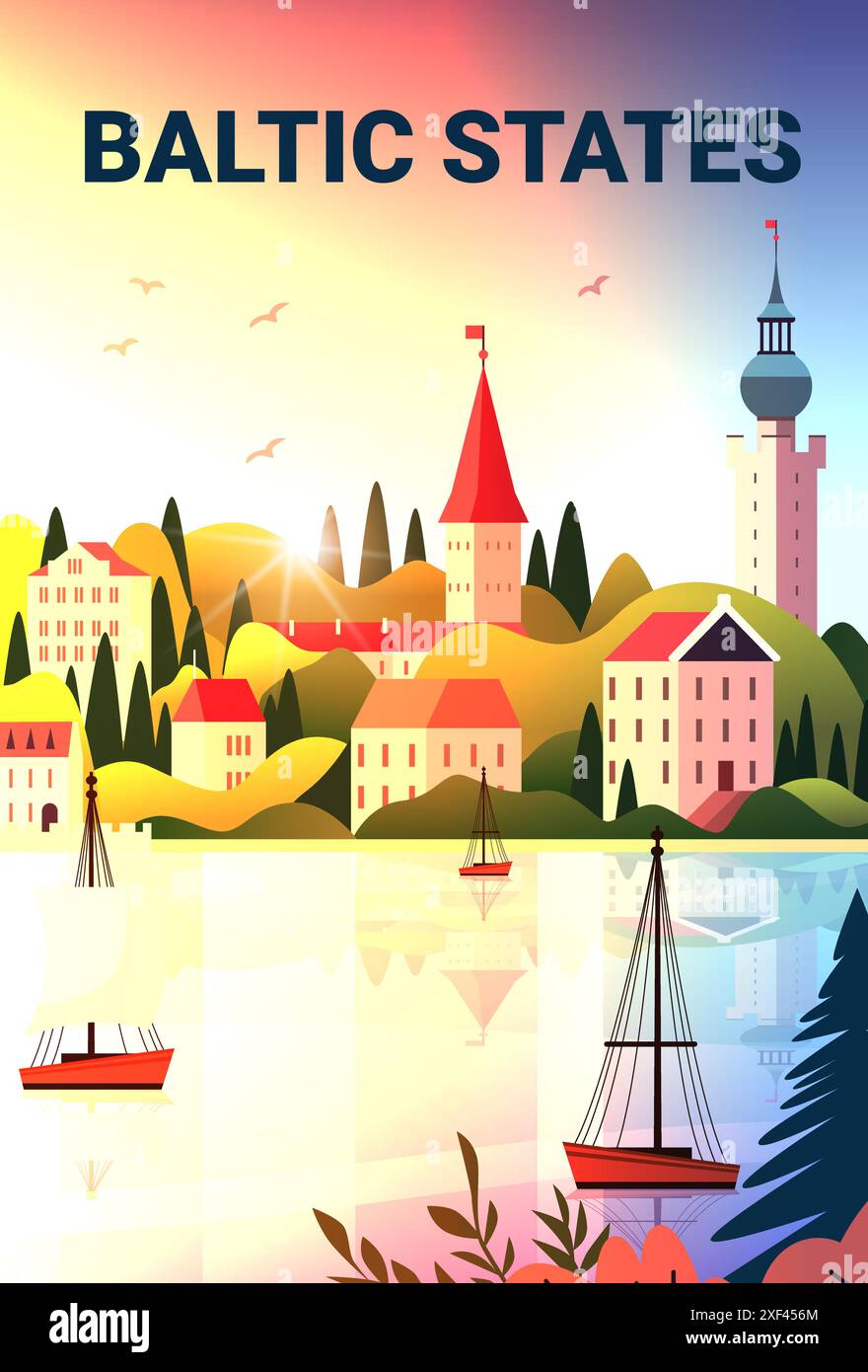 Baltic States travel illustration sunset coastal town sailboats ...