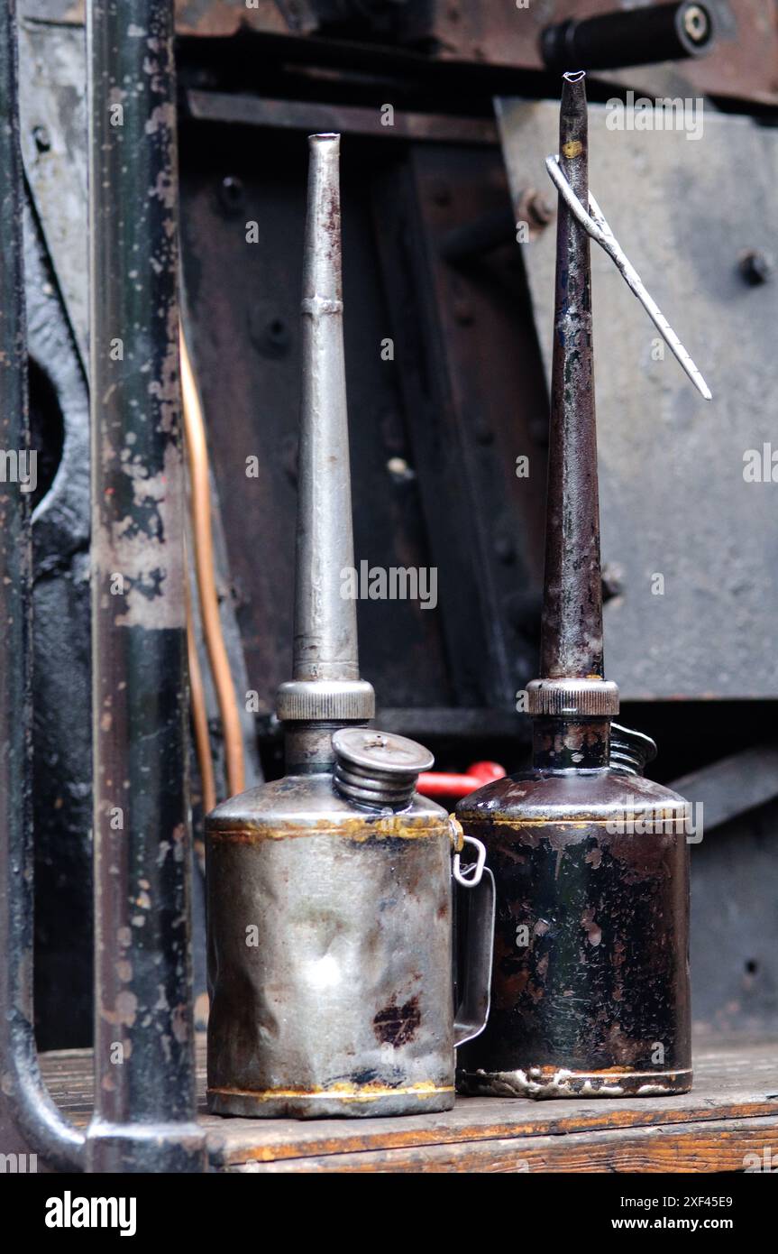 Italy, Lombardy, Two Old Oil Cans in a Historical Steam Train Stock ...