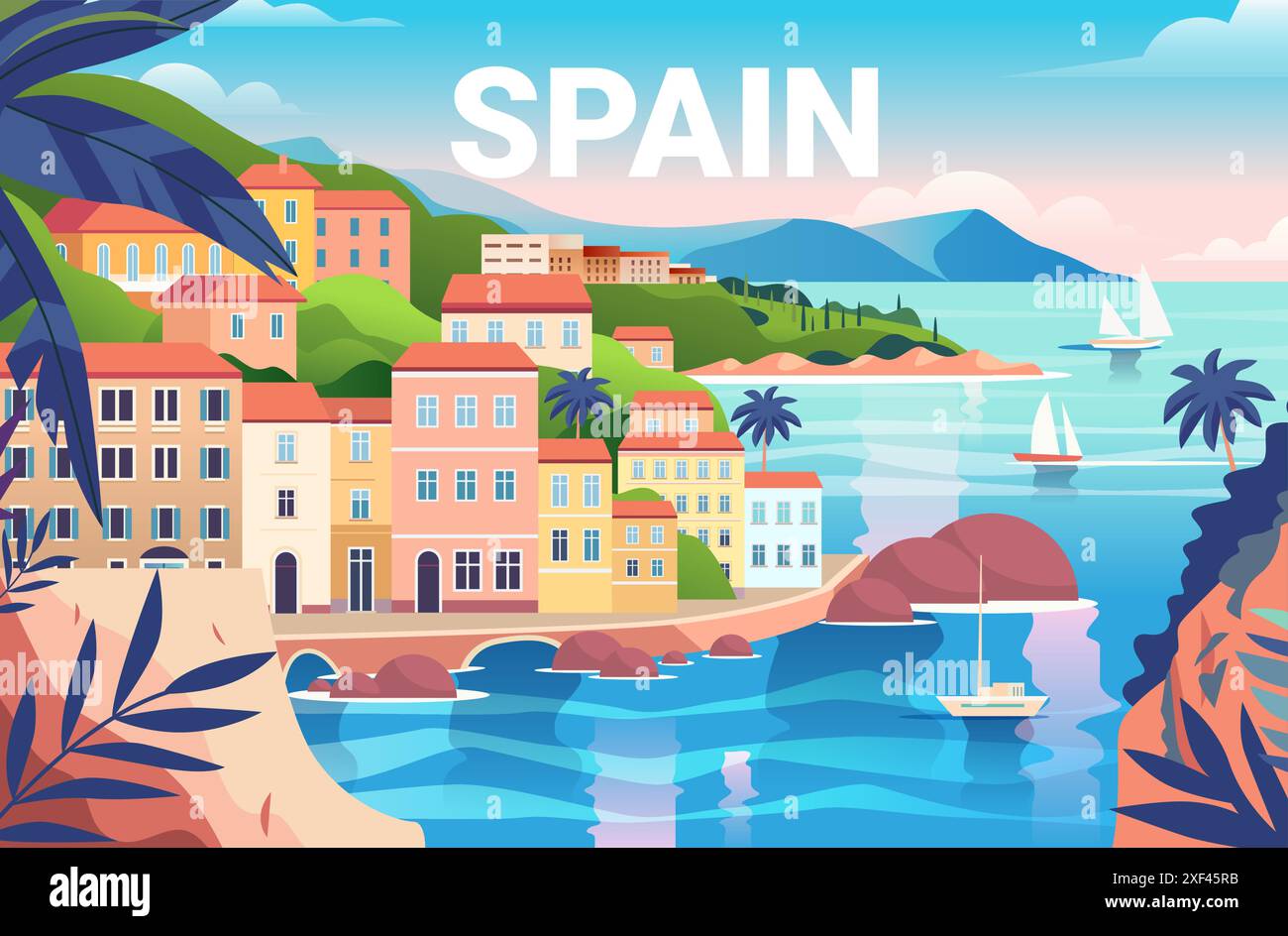 Palm trees mountains hills lush Stock Vector Images - Alamy