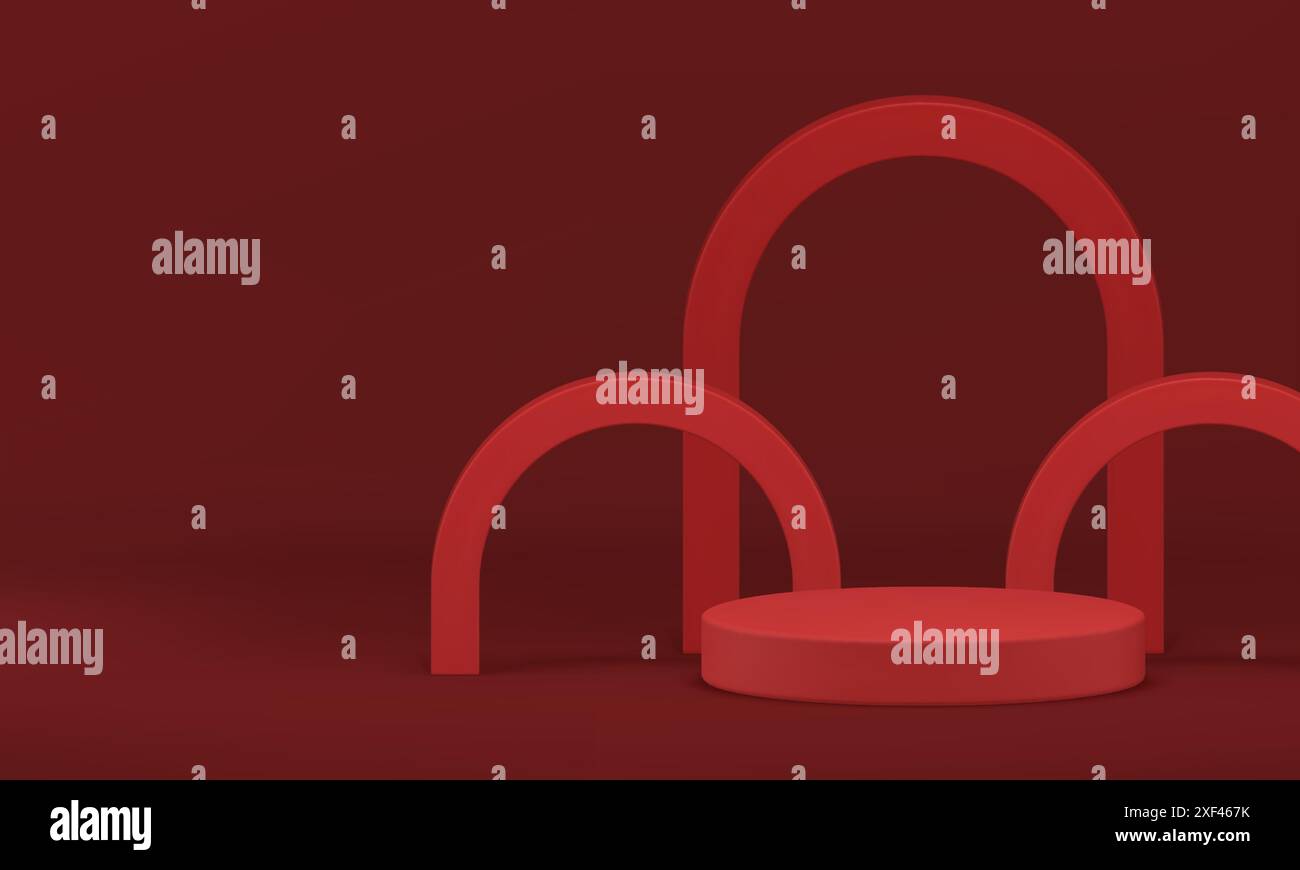 3d minimal cylinder podium red showcase with archway for show realistic ...
