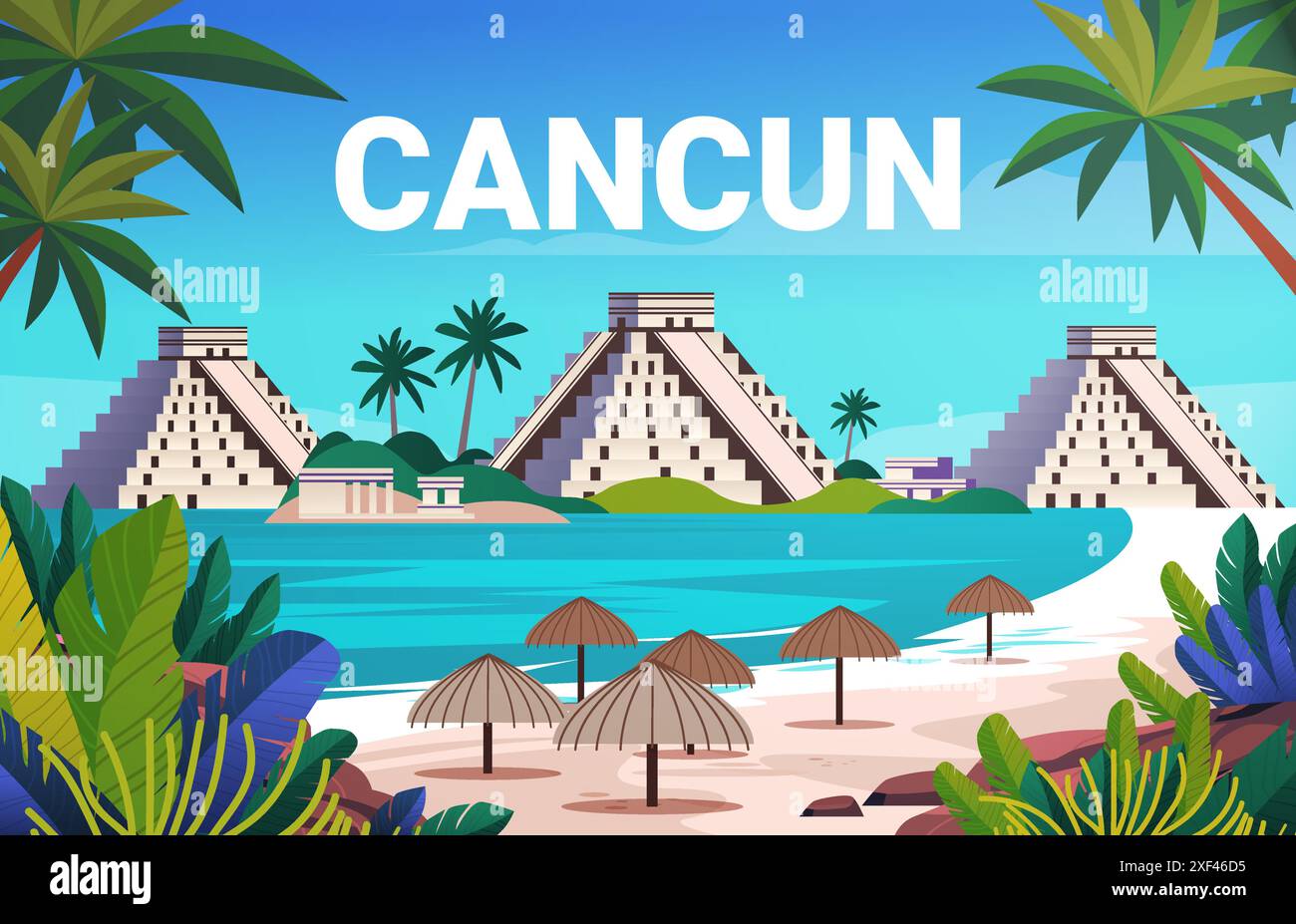 Cancun beach scene with Mayan pyramids palm trees tropical plants and ...