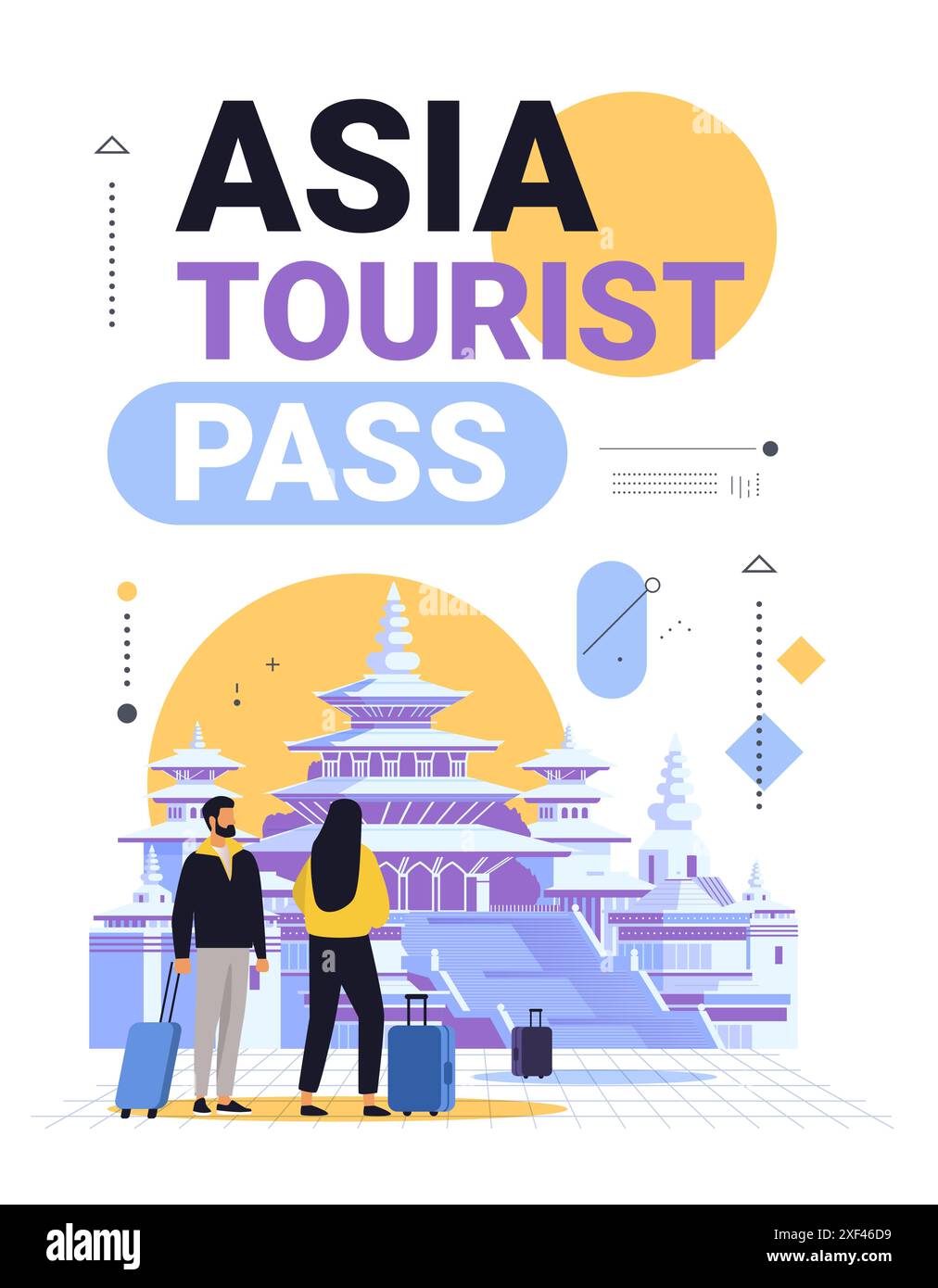 Asian travel scene with tourists and luggage in front of traditional ...