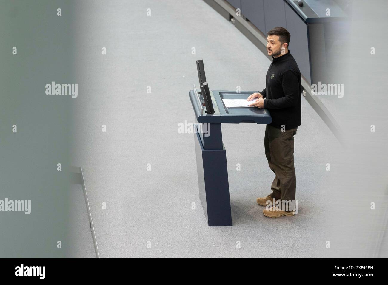 Volodymyr Zelensky, President of Ukraine, photographed during a speech ...