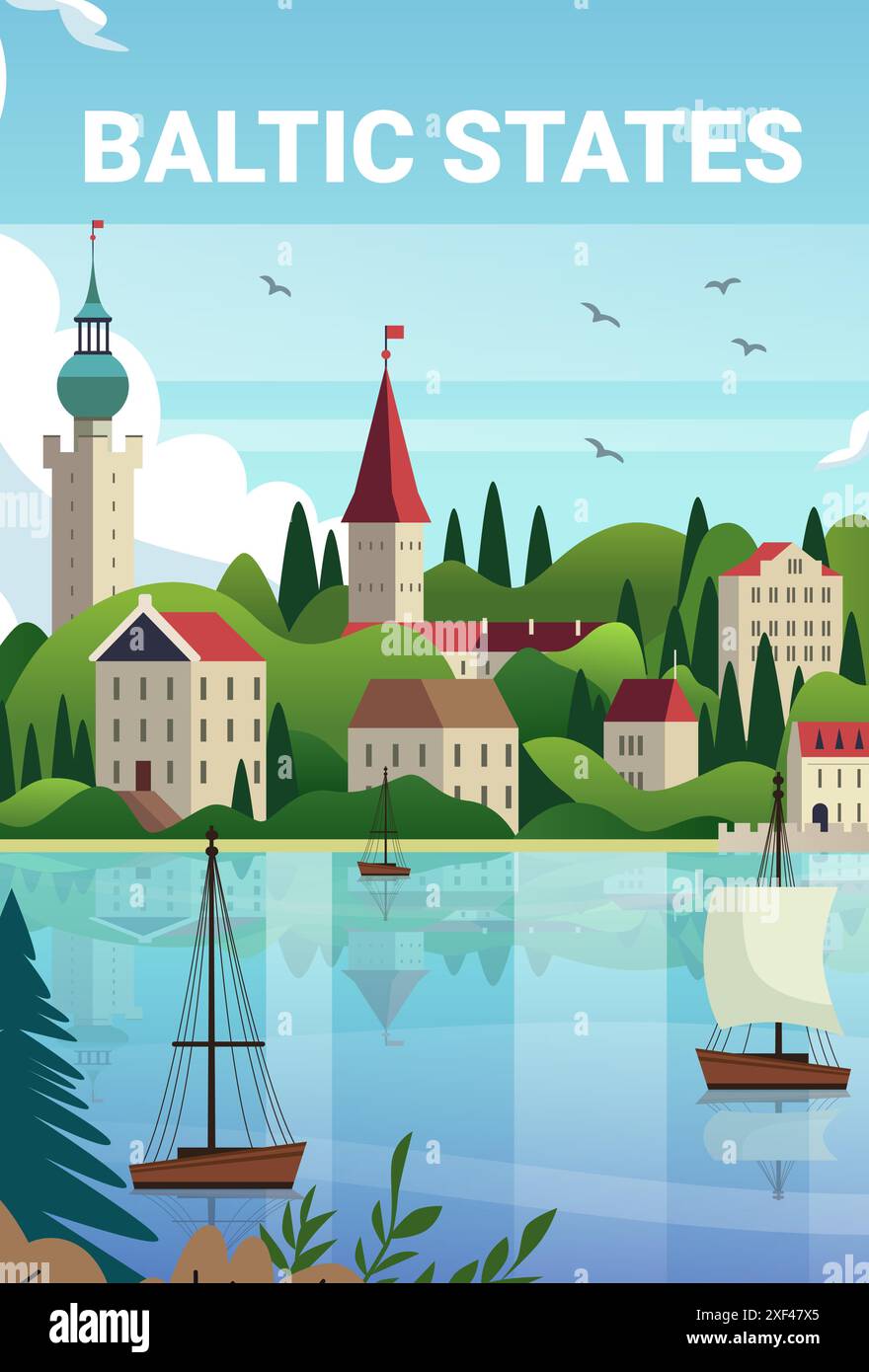Baltic States scenic coastal town illustration with historic buildings ...