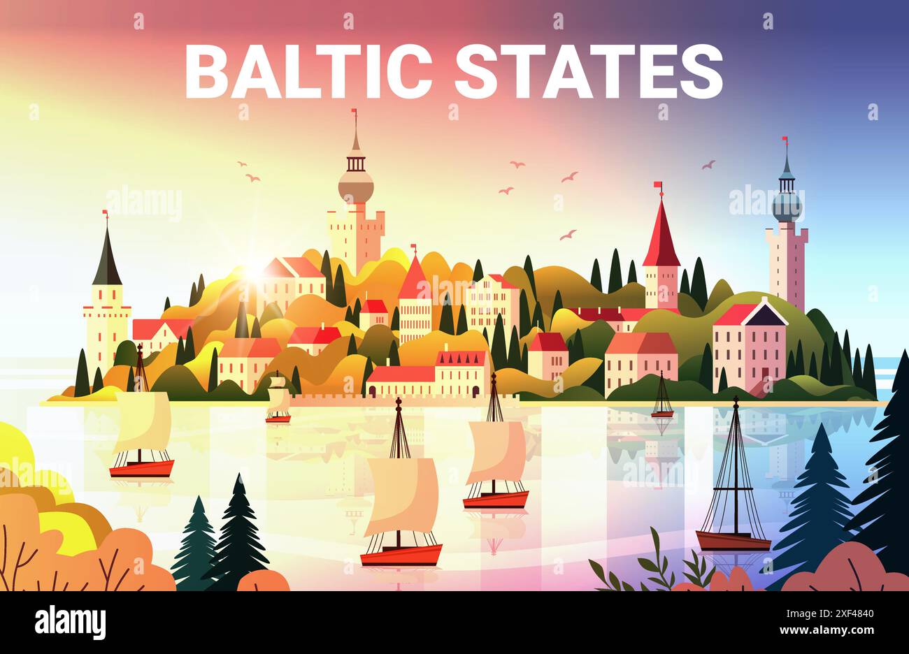 Baltic States travel illustration scenic coastal town sailboats ...