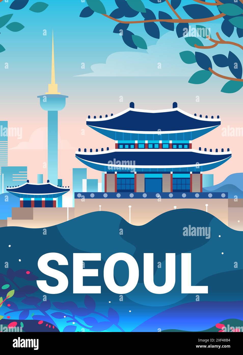Seoul travel illustration traditional architecture cityscape nature ...