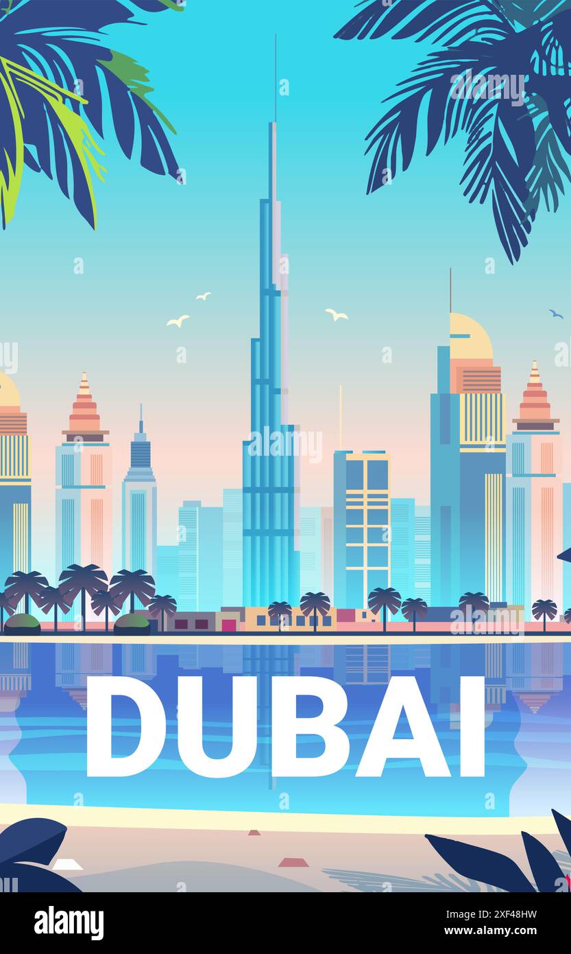 Dubai skyline modern skyscrapers palm trees beach reflection tropical ...