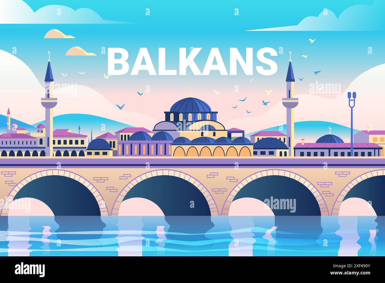 Balkans travel destination cityscape with bridge mosque and minarets ...