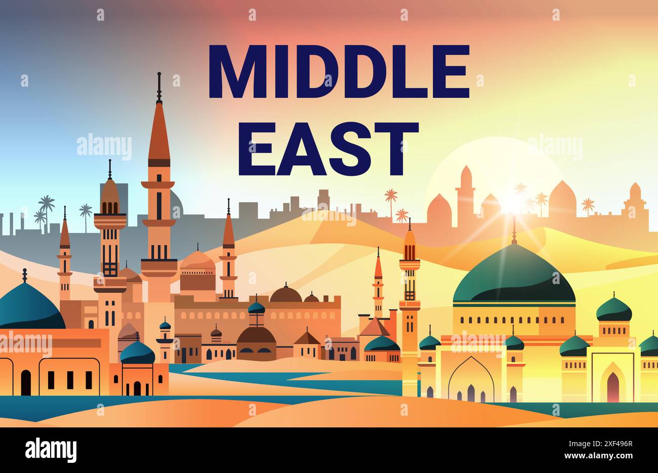 Middle East travel concept with cityscape silhouettes and desert ...