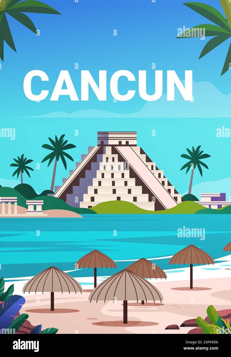 Cancun beach with umbrellas Mayan pyramid palm trees ocean tropical ...