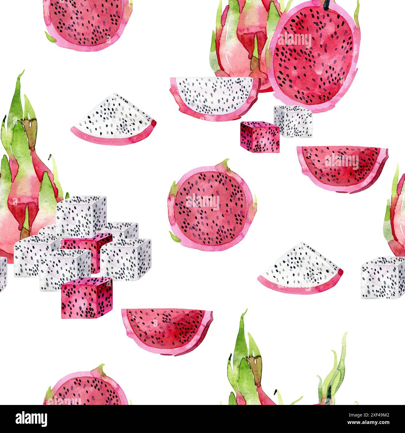 Seamless pattern. Hand Drawn Watercolor pitaya Fruit illustration Stock ...