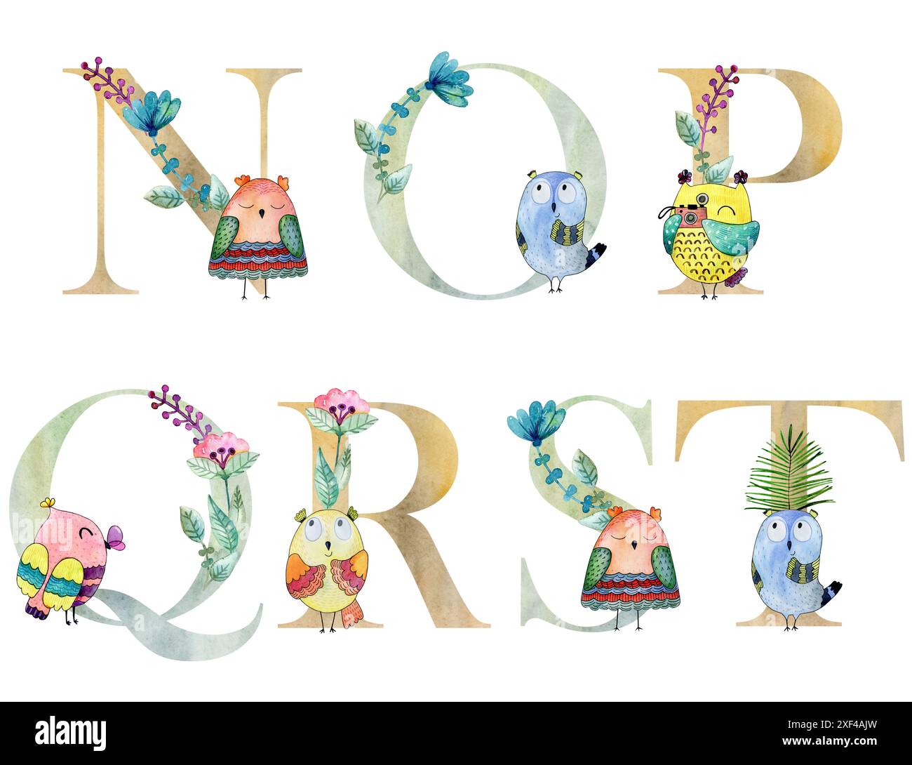 Watercolor letters with colorful owls for invitation card, nursery ...