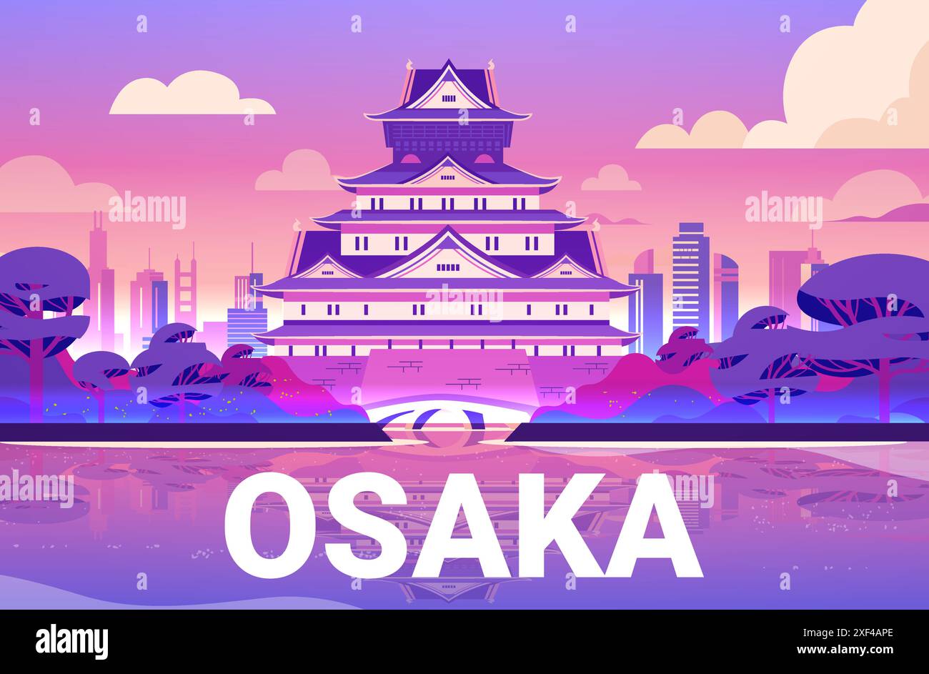 Osaka castle with modern city skyline trees and sunset reflection in water colorful landscape ...