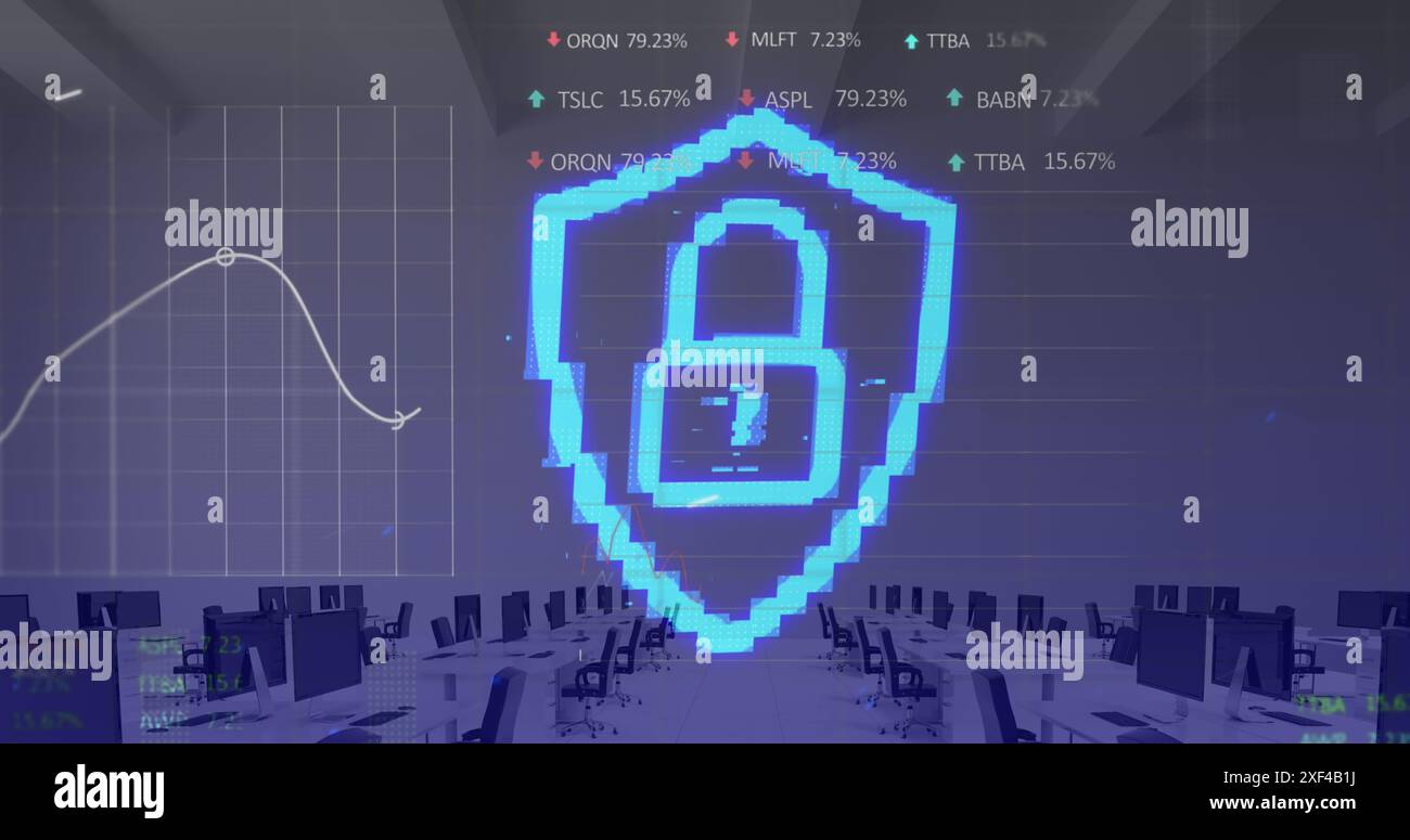 Image of online security padlock and data processing over office Stock Photo - Alamy