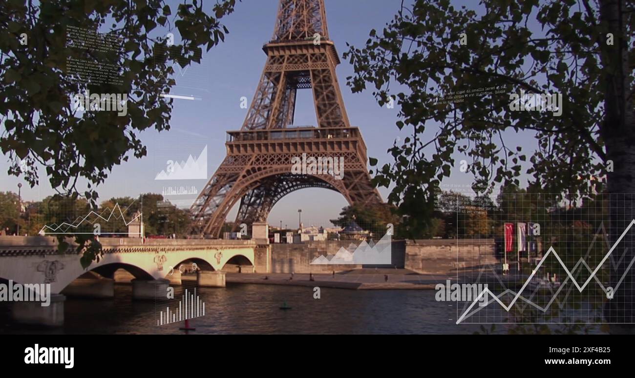 Image of multiple graphs and data over trees, river and bridge against ...