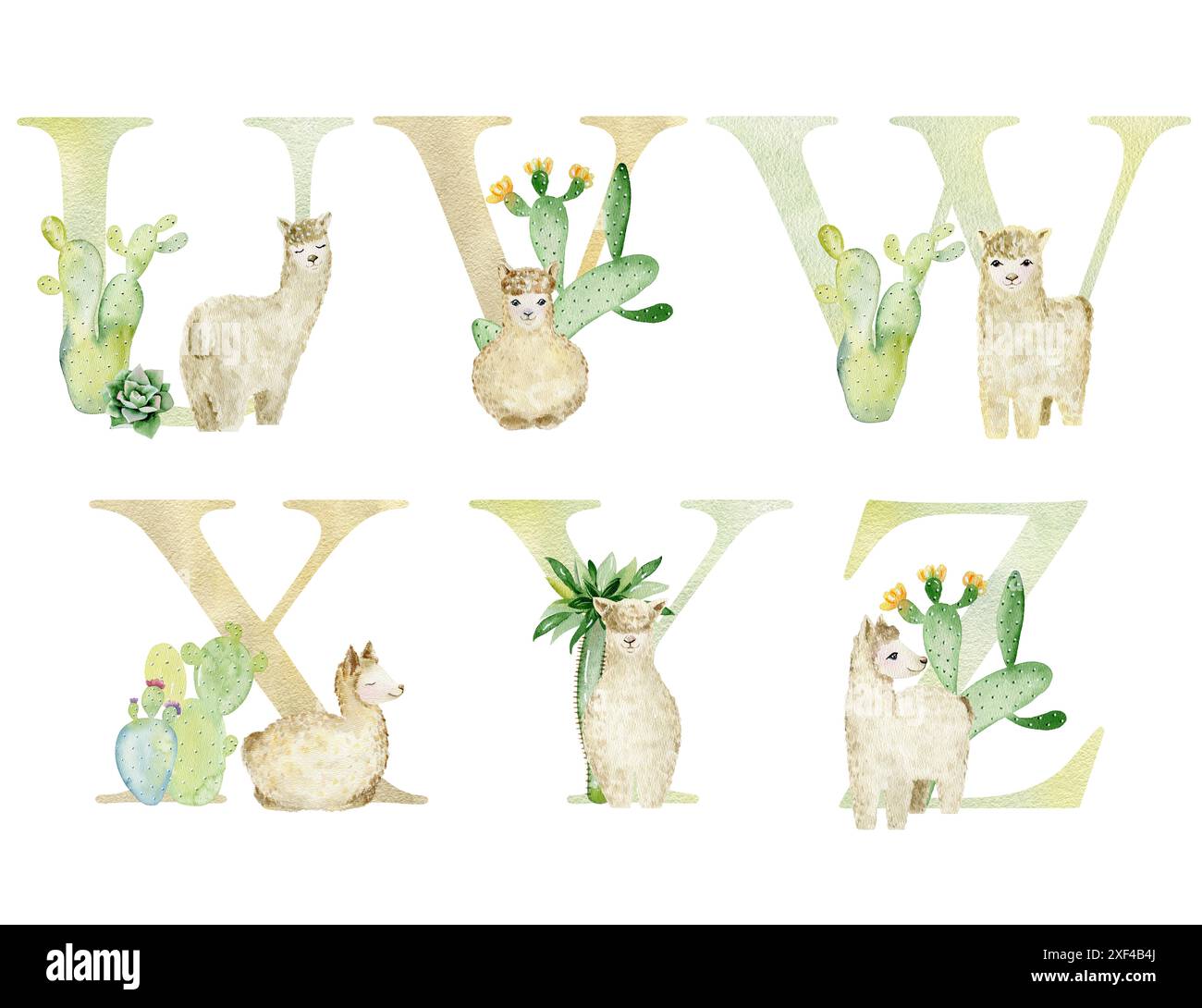 Watercolor letters with llamas for invitation card, nursery poster and ...