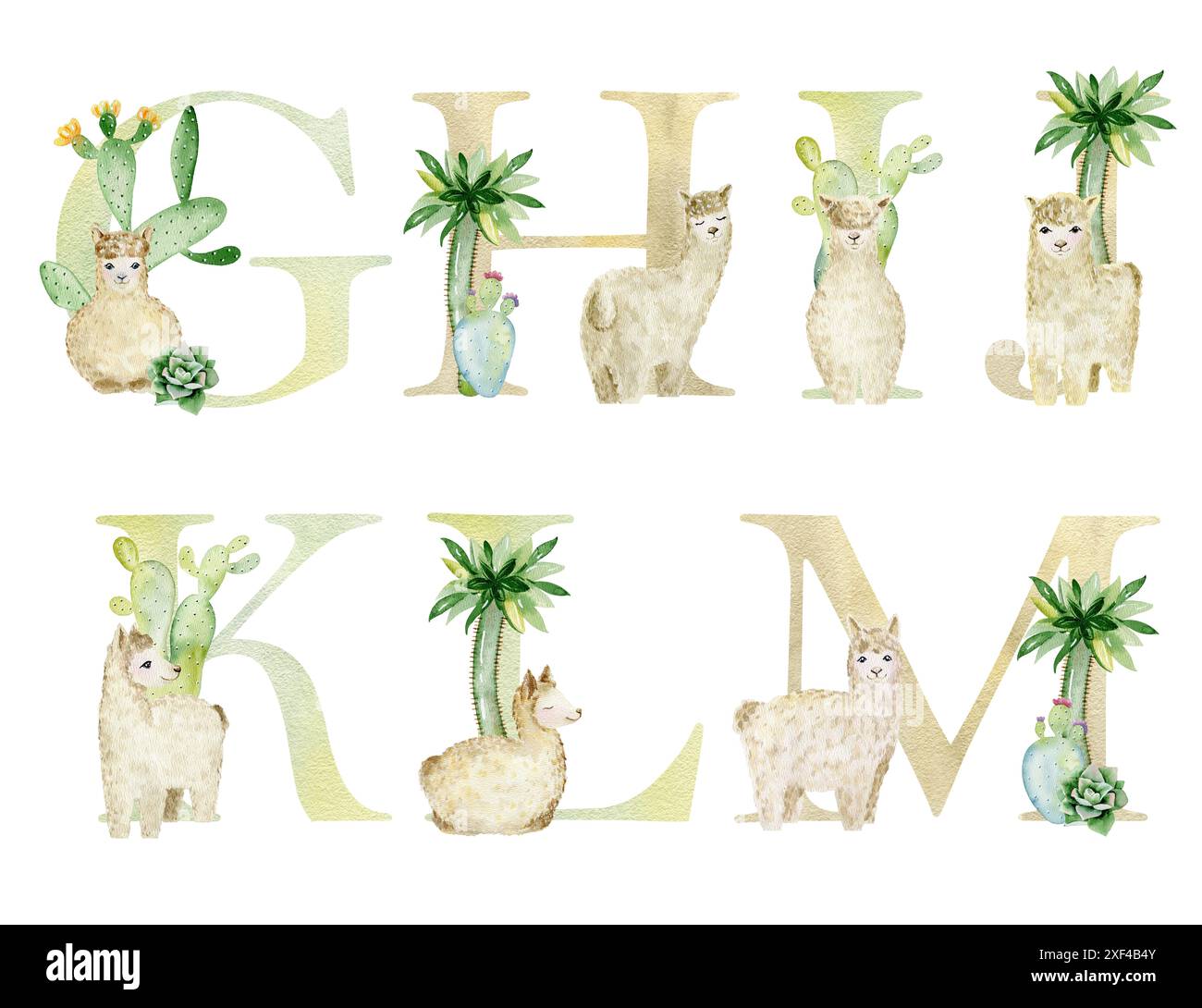 Watercolor letters with llamas for invitation card, nursery poster and ...