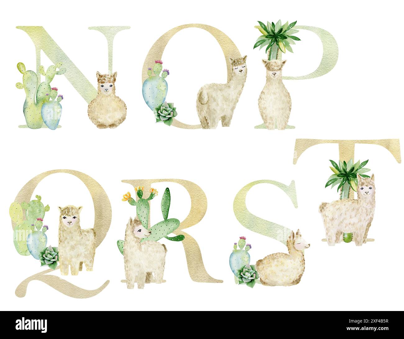 Watercolor letters with llamas for invitation card, nursery poster and ...