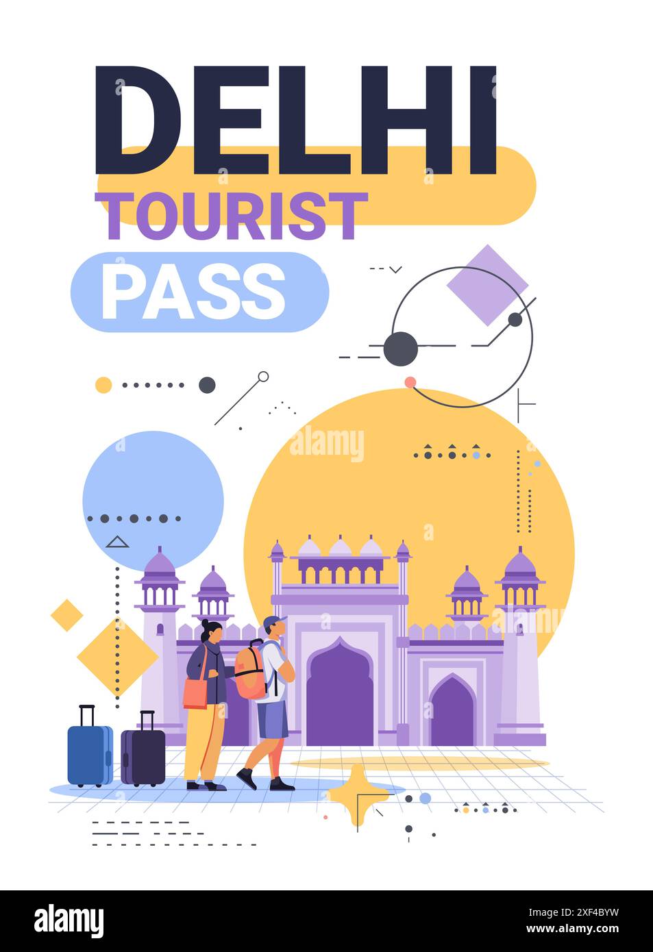 Travelers exploring historic architecture with luggage abstract shapes ...