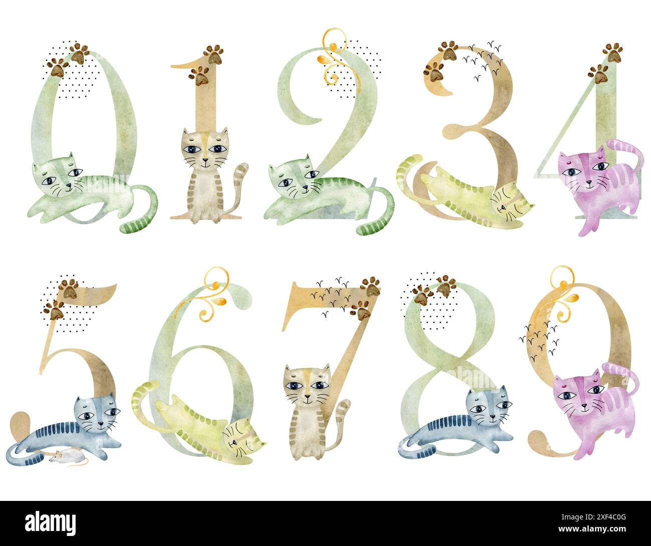 Watercolor cats numbers for invitation card, nursery poster and other ...