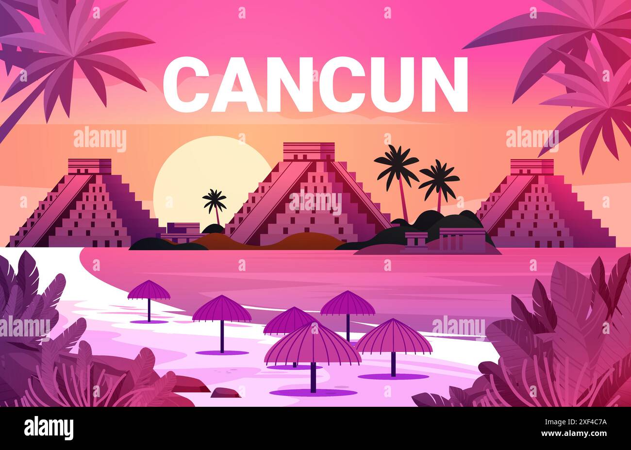 Cancun beach sunset Mayan pyramids palm trees tropical landscape pink ...